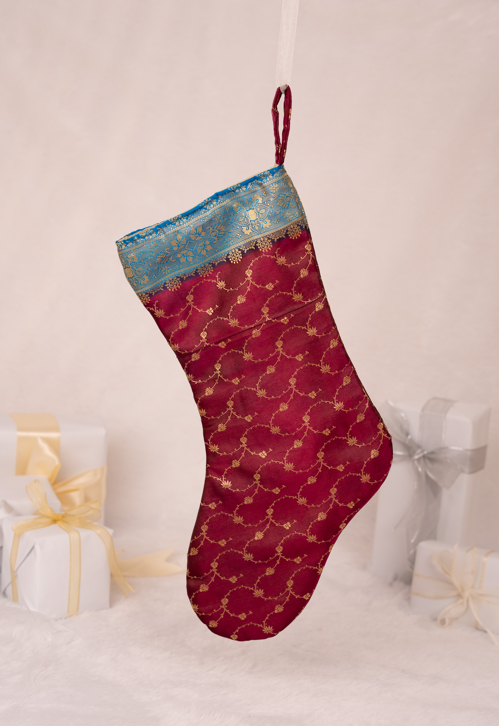 Upcycled Christmas Stocking (L) - Festive Maroon Glow - Mint Ceylon